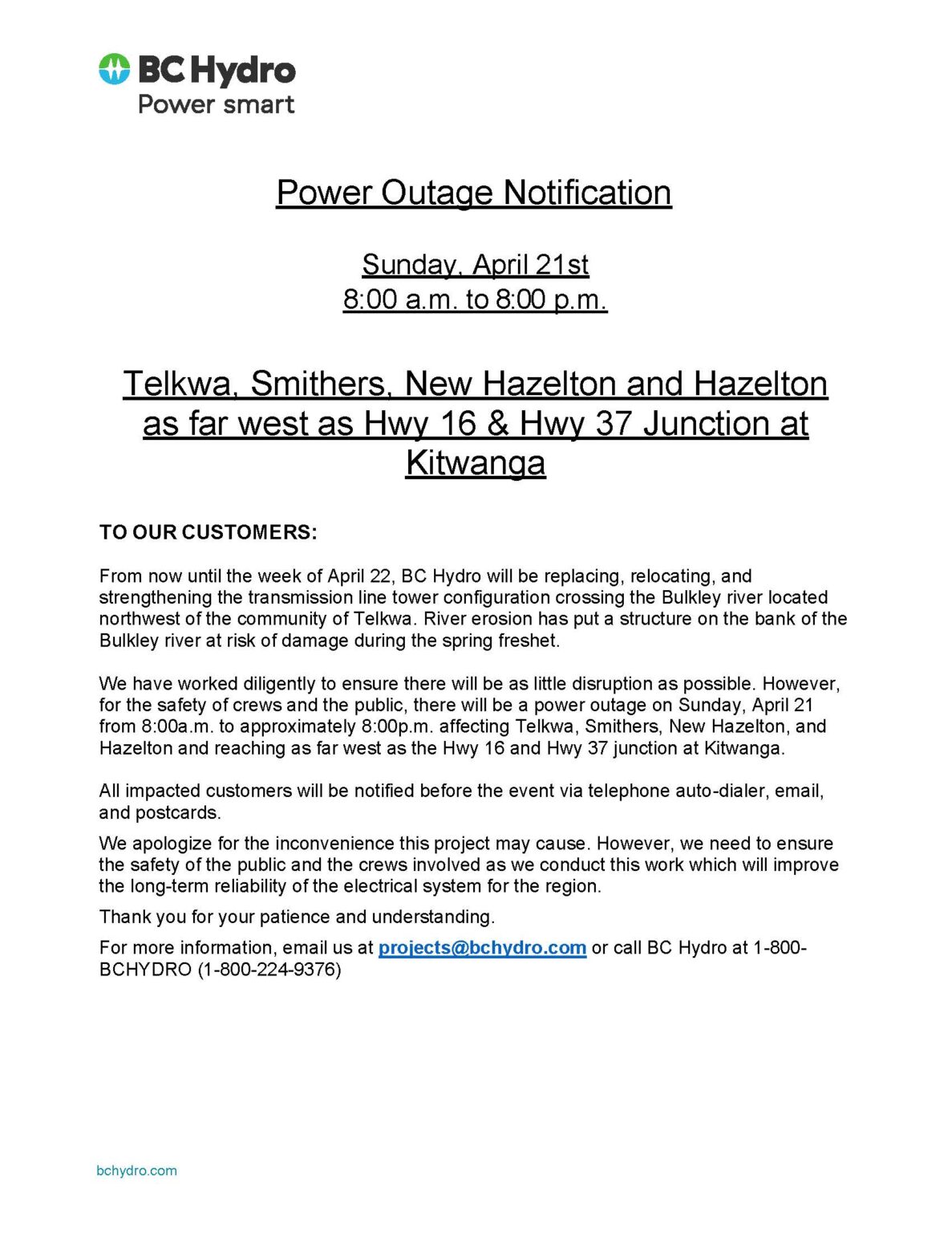 Power Outage Scheduled for April 21st, 2024 - Village of Hazelton